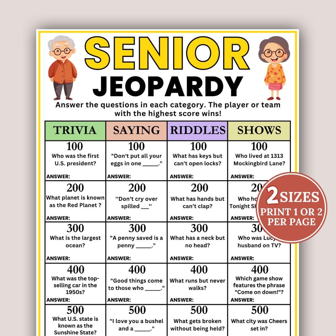Senior Jeopardy Game, Games for Senior Citizens, Senior Activity ...