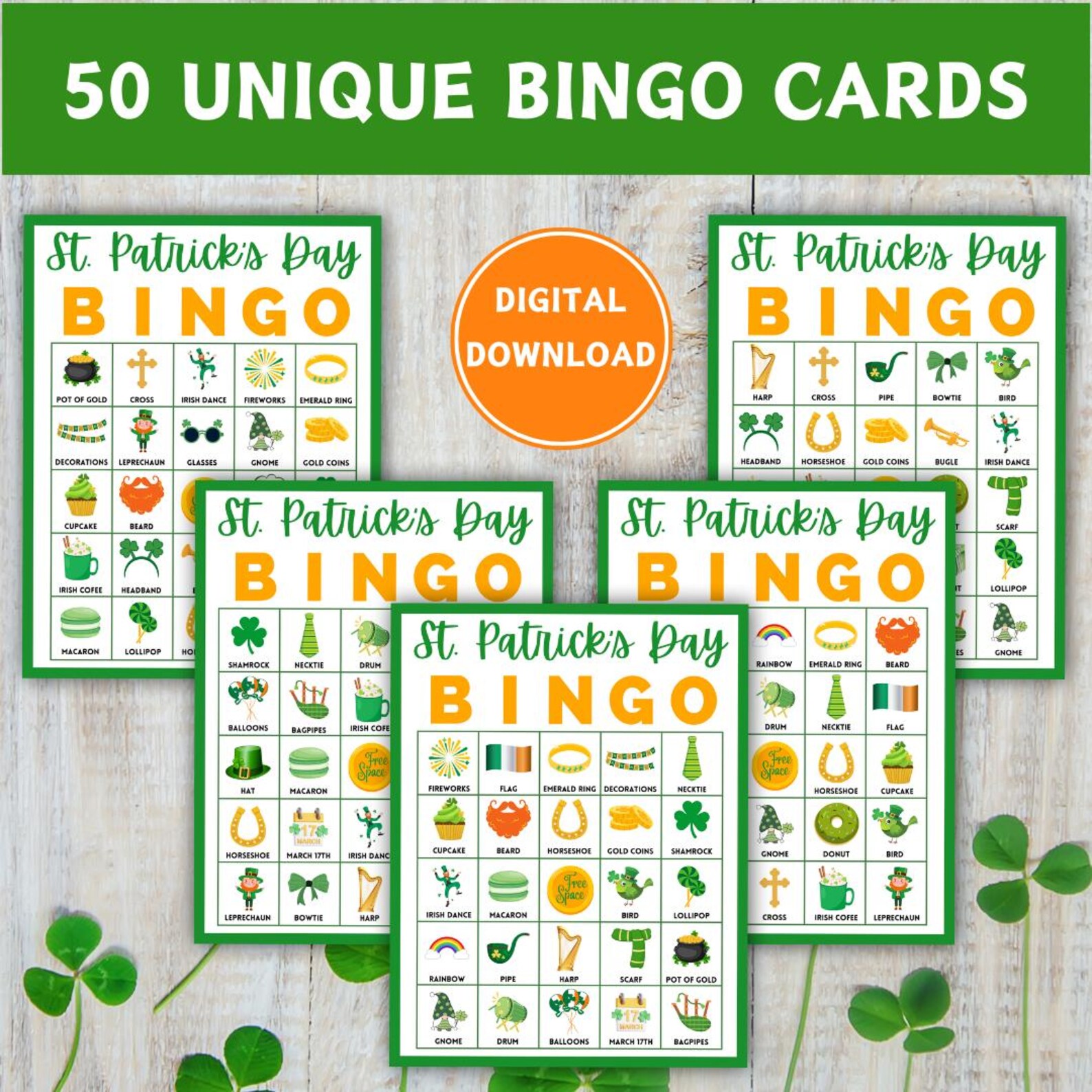 St. Patrick's Day Bingo Game, 50 St. Patrick's Bingo Cards Printable ...