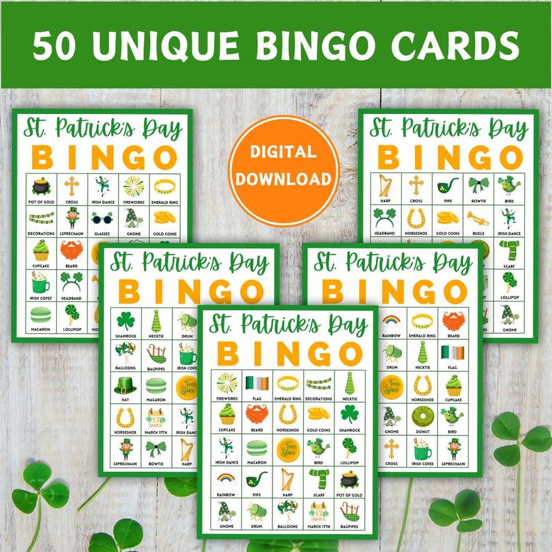 St. Patrick's Day Bingo Game, 50 St. Patrick's Bingo Cards Printable ...