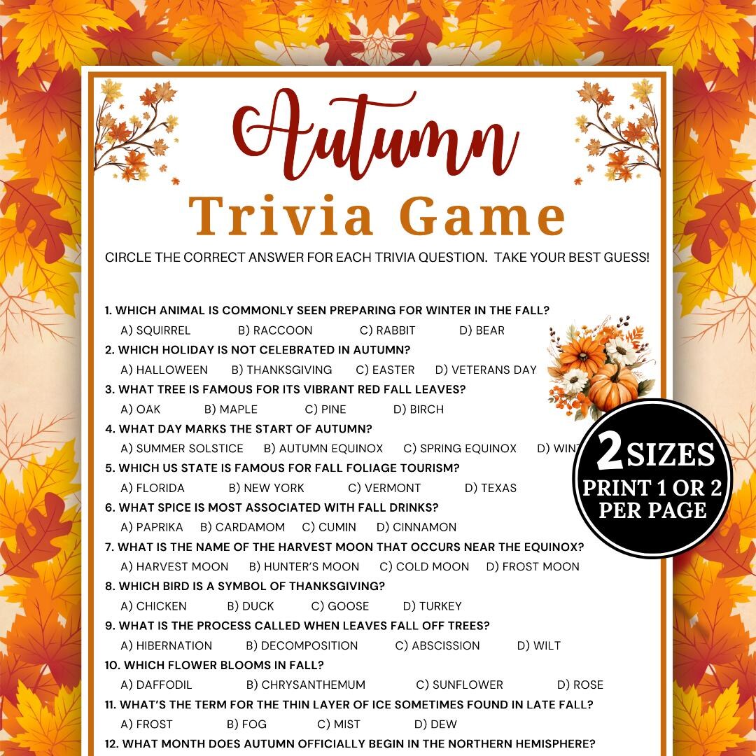 Autumn Trivia Game, Printable Autumn Games, Fall Games, Fall Trivia ...