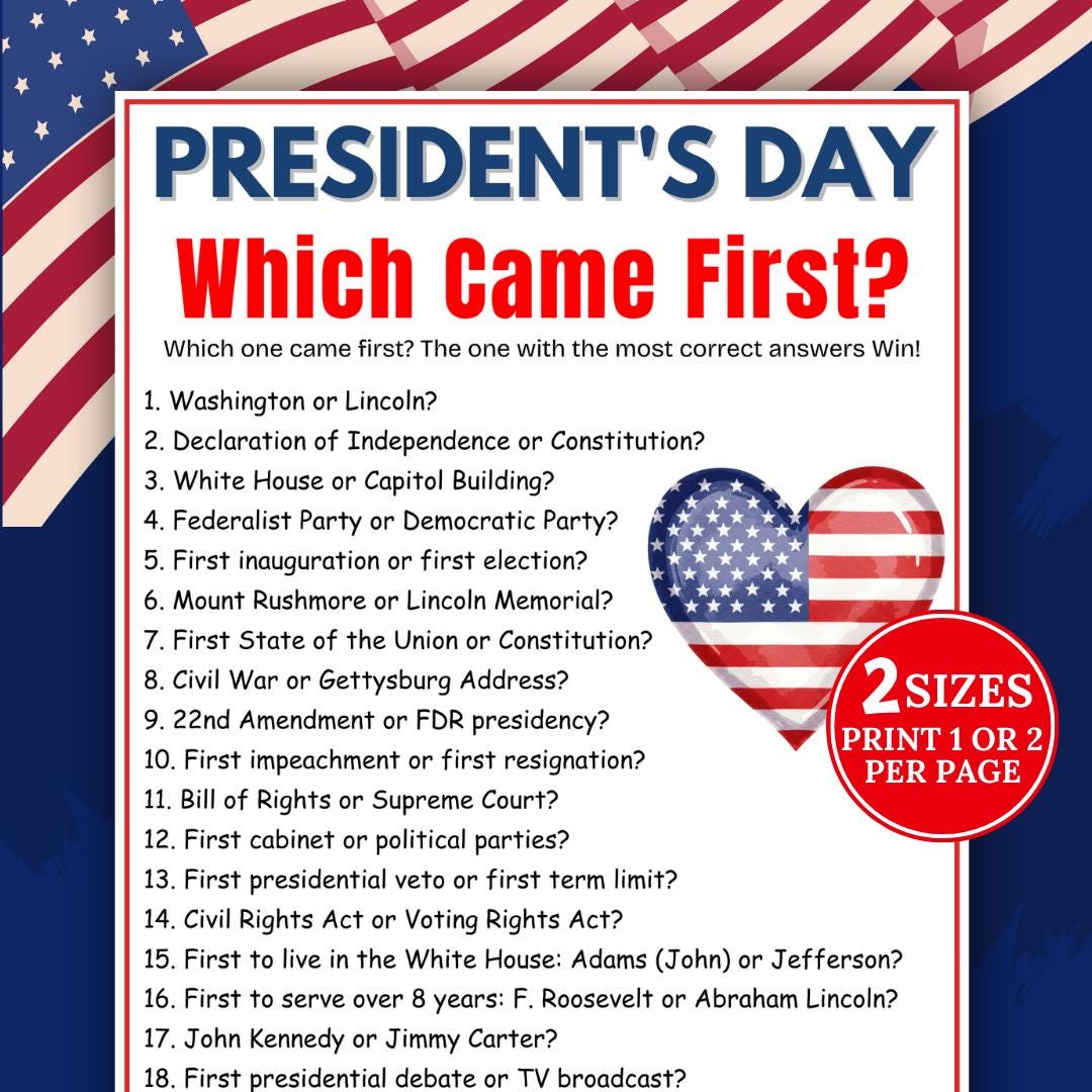 Presidents Day Which Came First Game, President Trivia, Patriotic Quiz ...