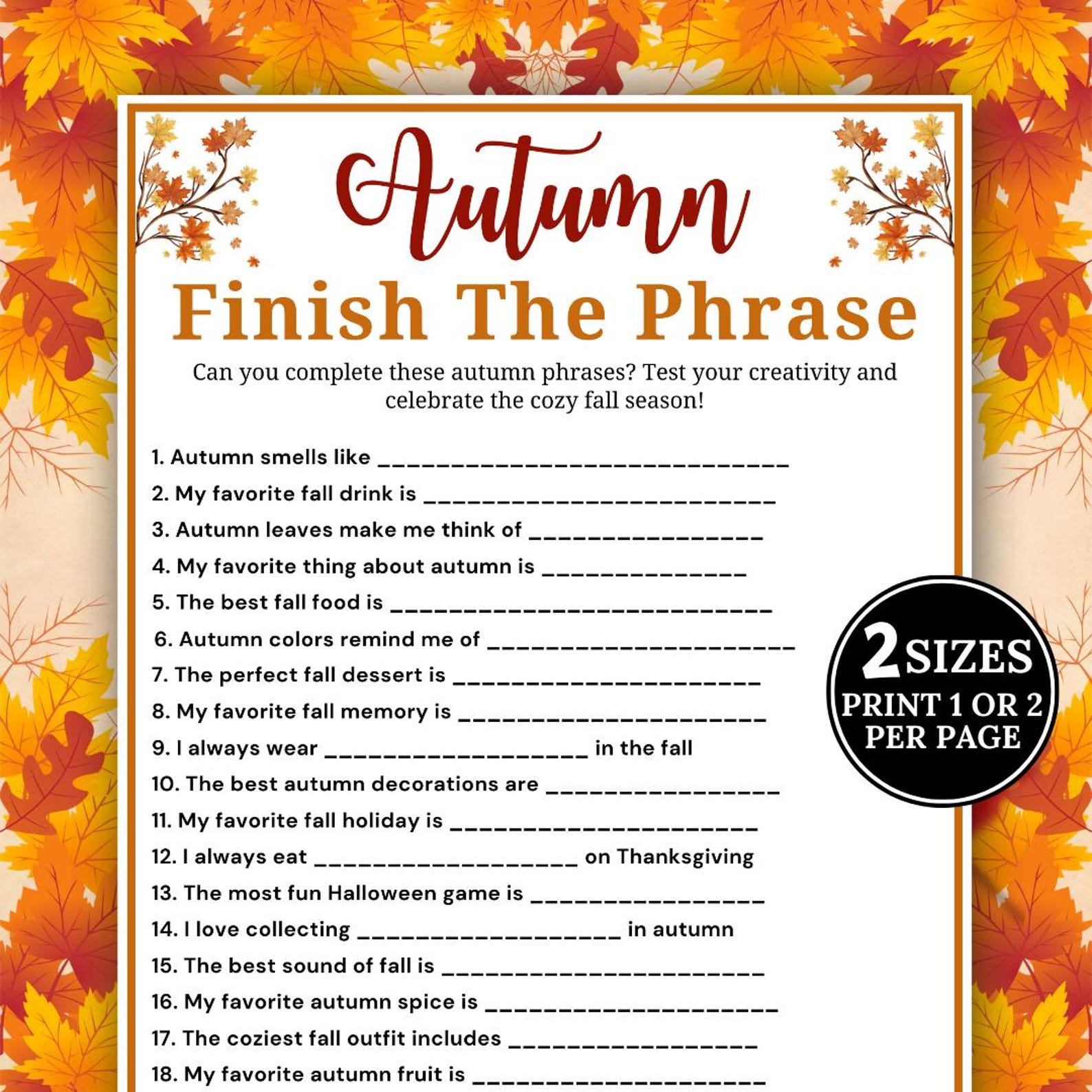 Autumn Finish the Phrase Game Printable | Fall Party Game, Thanksgiving ...