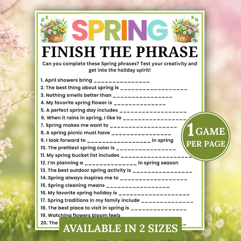 Spring Finish the Phrase Game, Printable Party Game, Spring Activity ...
