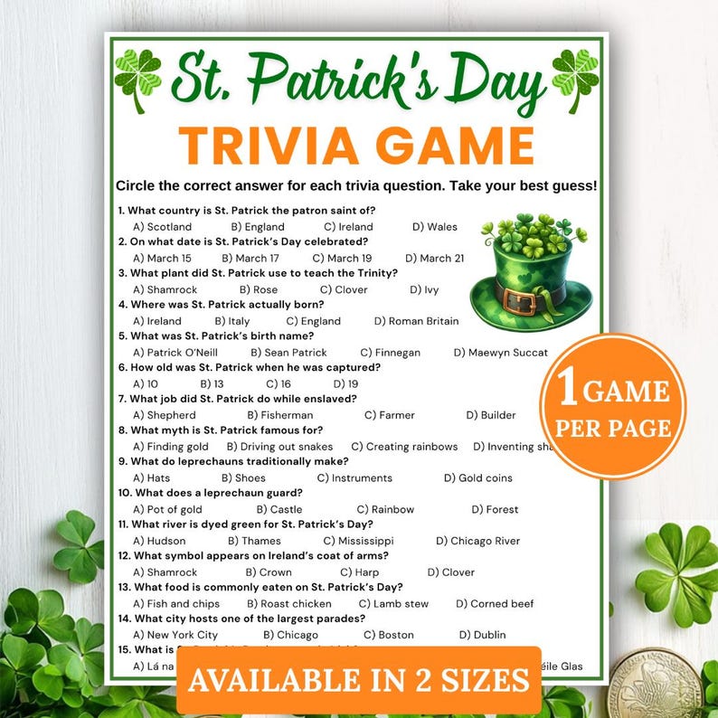 St Patrick's Day Trivia Game, Printable Trivia Questions, Trivia Quiz ...