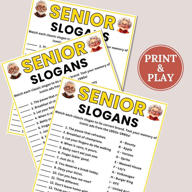 Senior Slogans Game, Trivia for Seniors, Senior Riddles, Senior Party ...