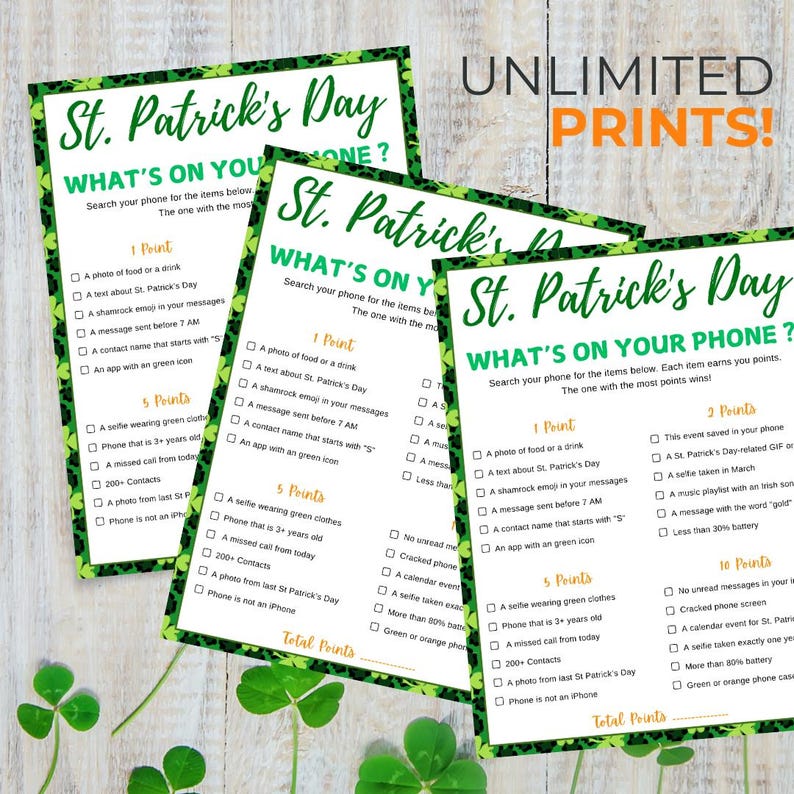 St. Patrick's Day What's on Your Phone Game, Printable St. Patrick's ...