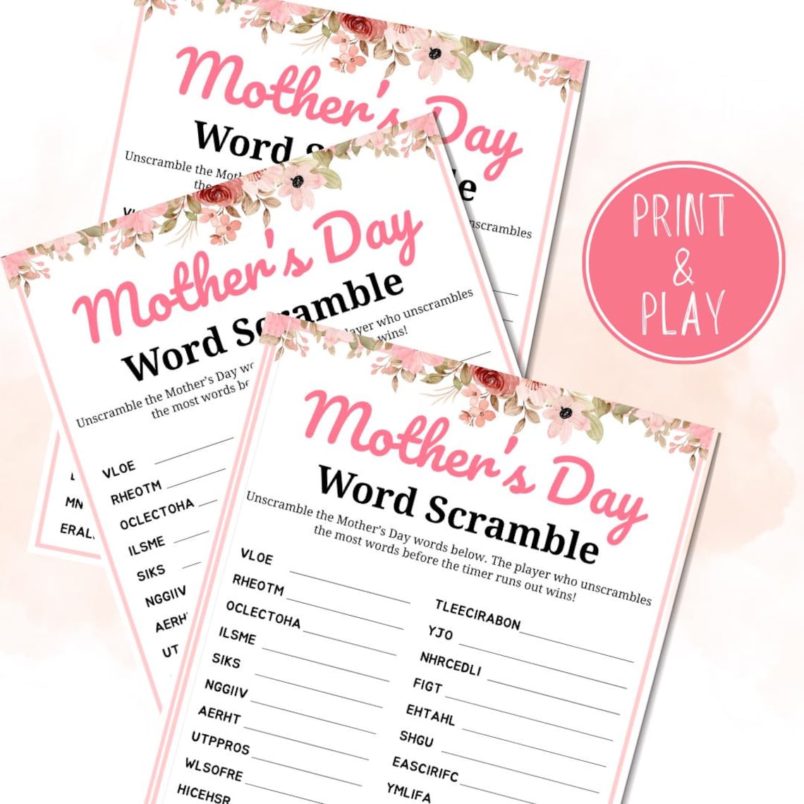 Mother's Day Word Scramble Game, Printable Mothers Day Games, Word ...