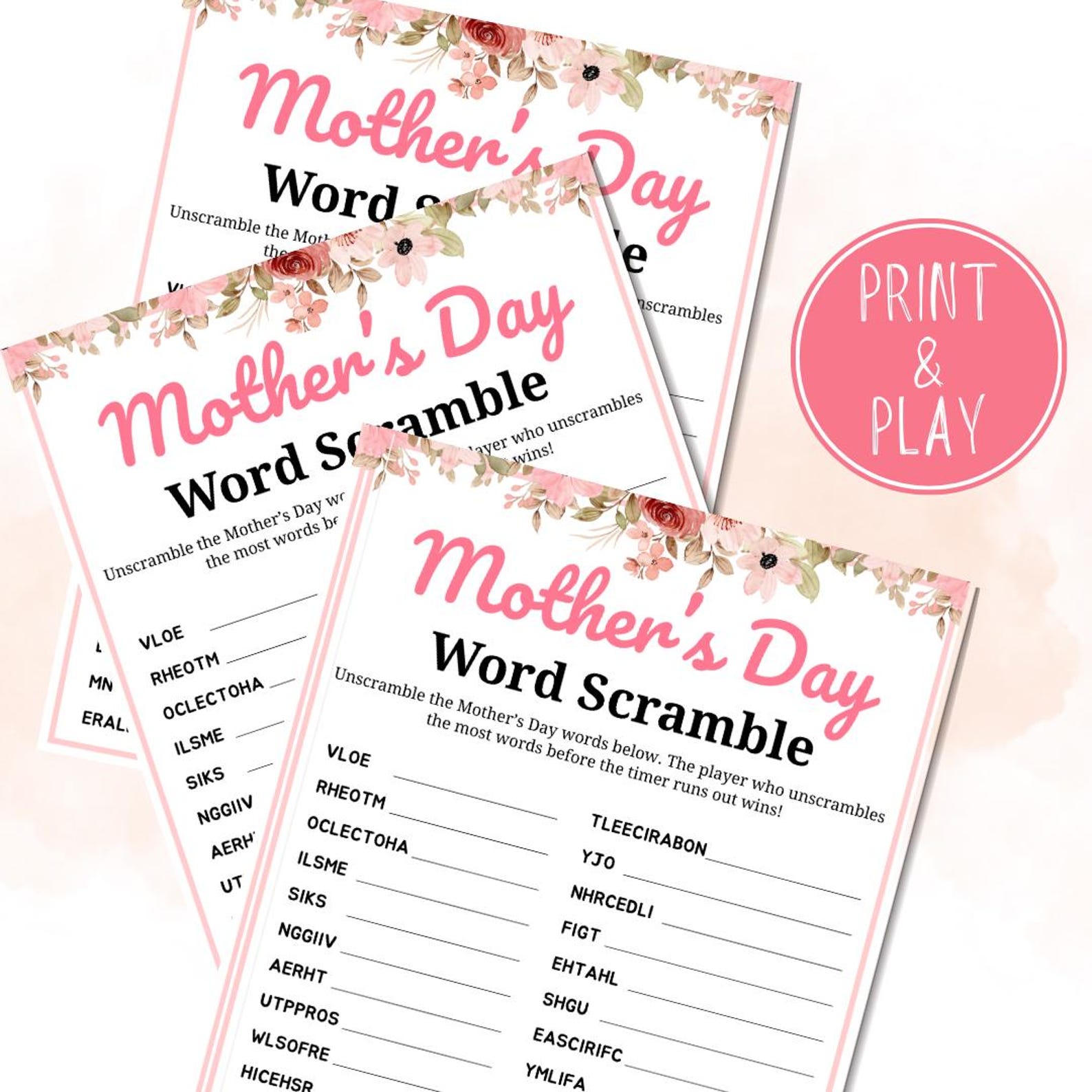 Mother's Day Word Scramble Game, Printable Mothers Day Games, Word ...