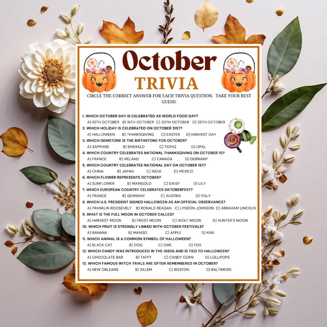 October Trivia Game, Printable October Quiz, Fall Games, Fall Party ...