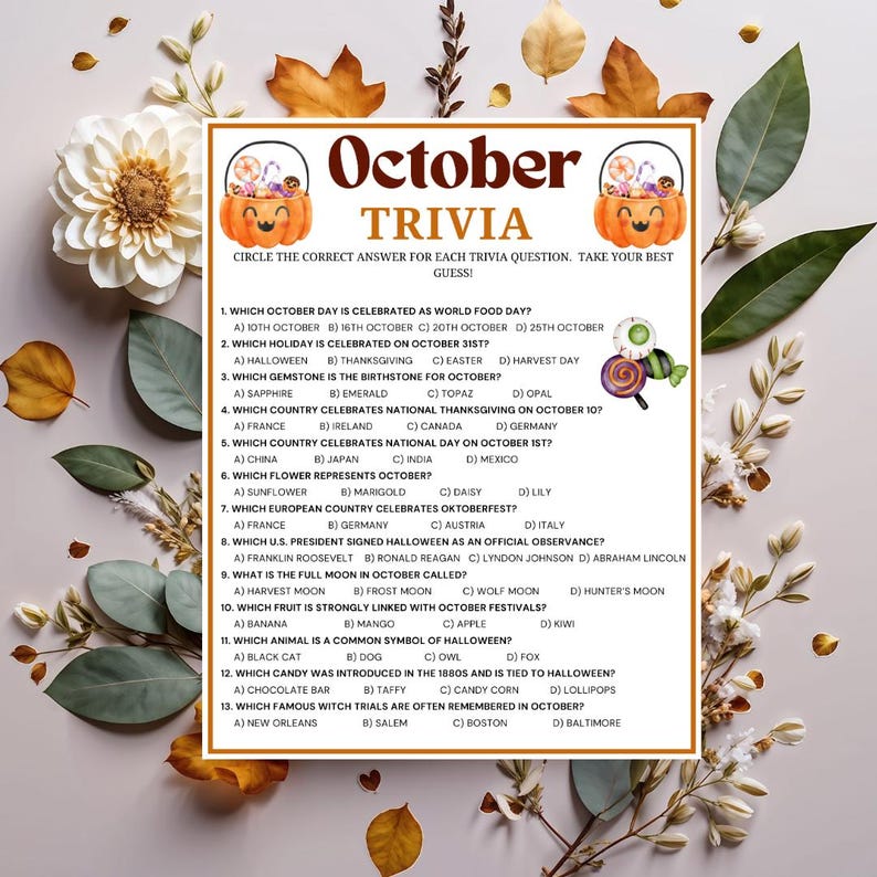 October Trivia Game, Printable October Quiz, Fall Games, Fall Party ...