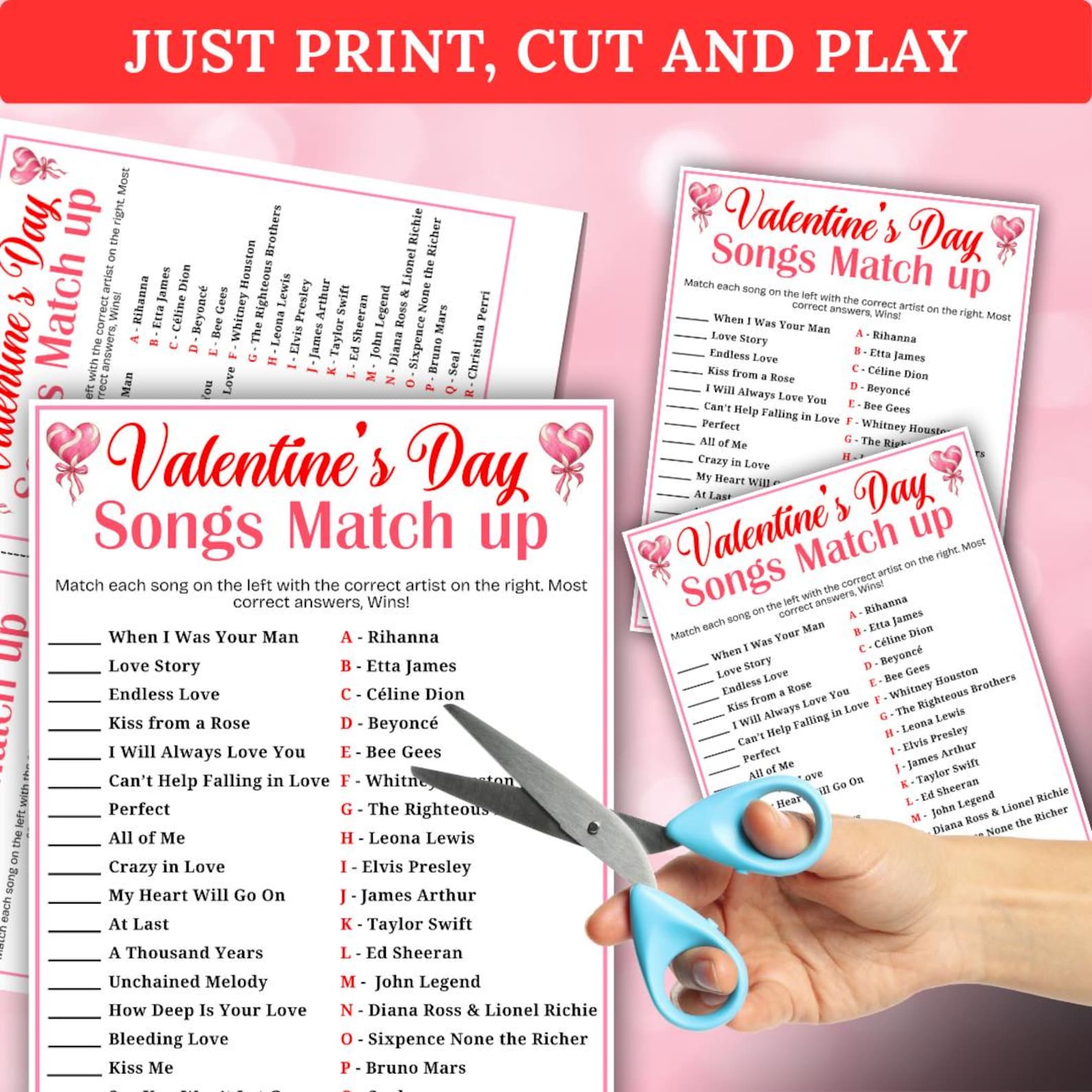 Valentine's Day Love Song Match-up, Valentines Match Game, Valentines ...