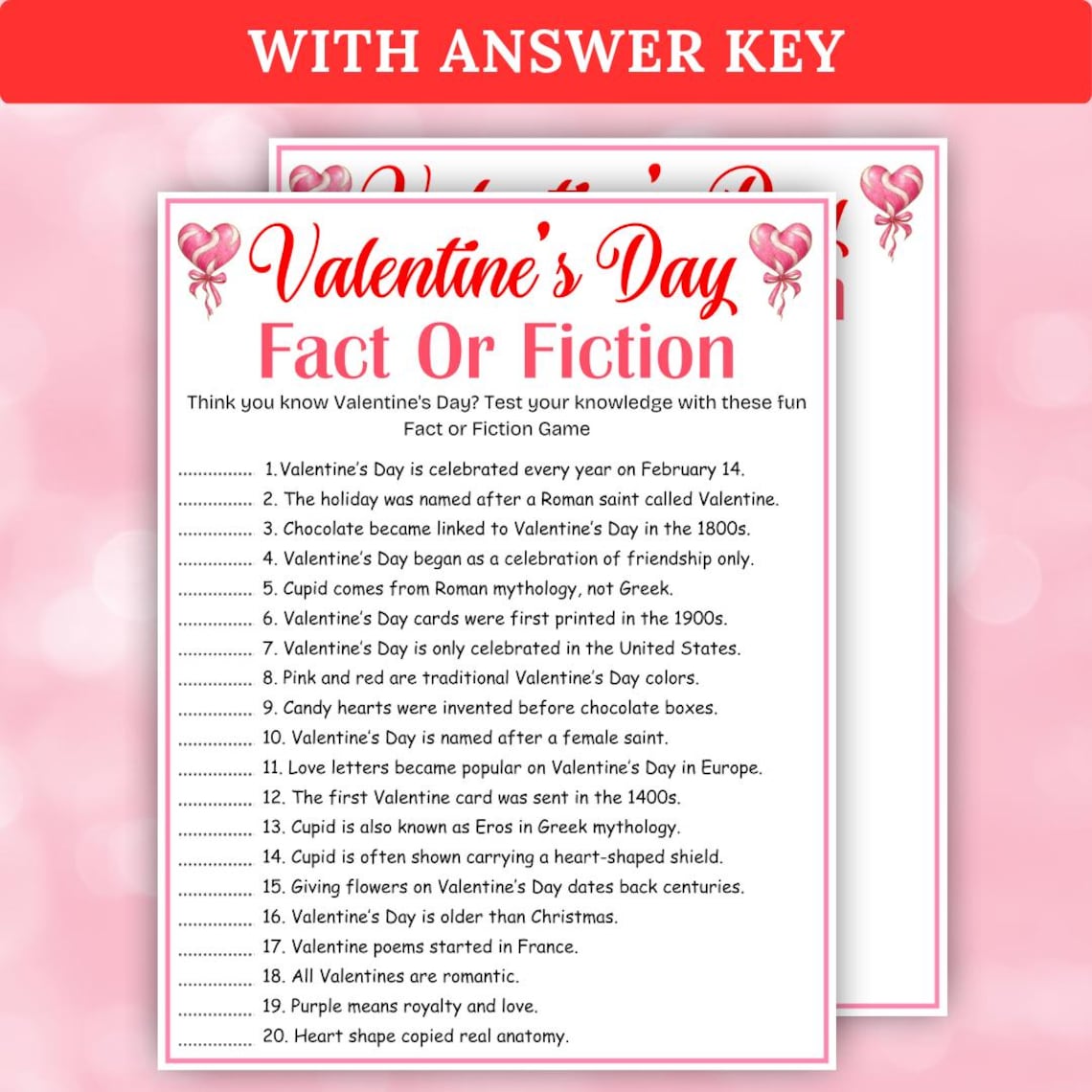 Valentine's Day Fact or Fiction Game, Valentines Party Game, True or ...