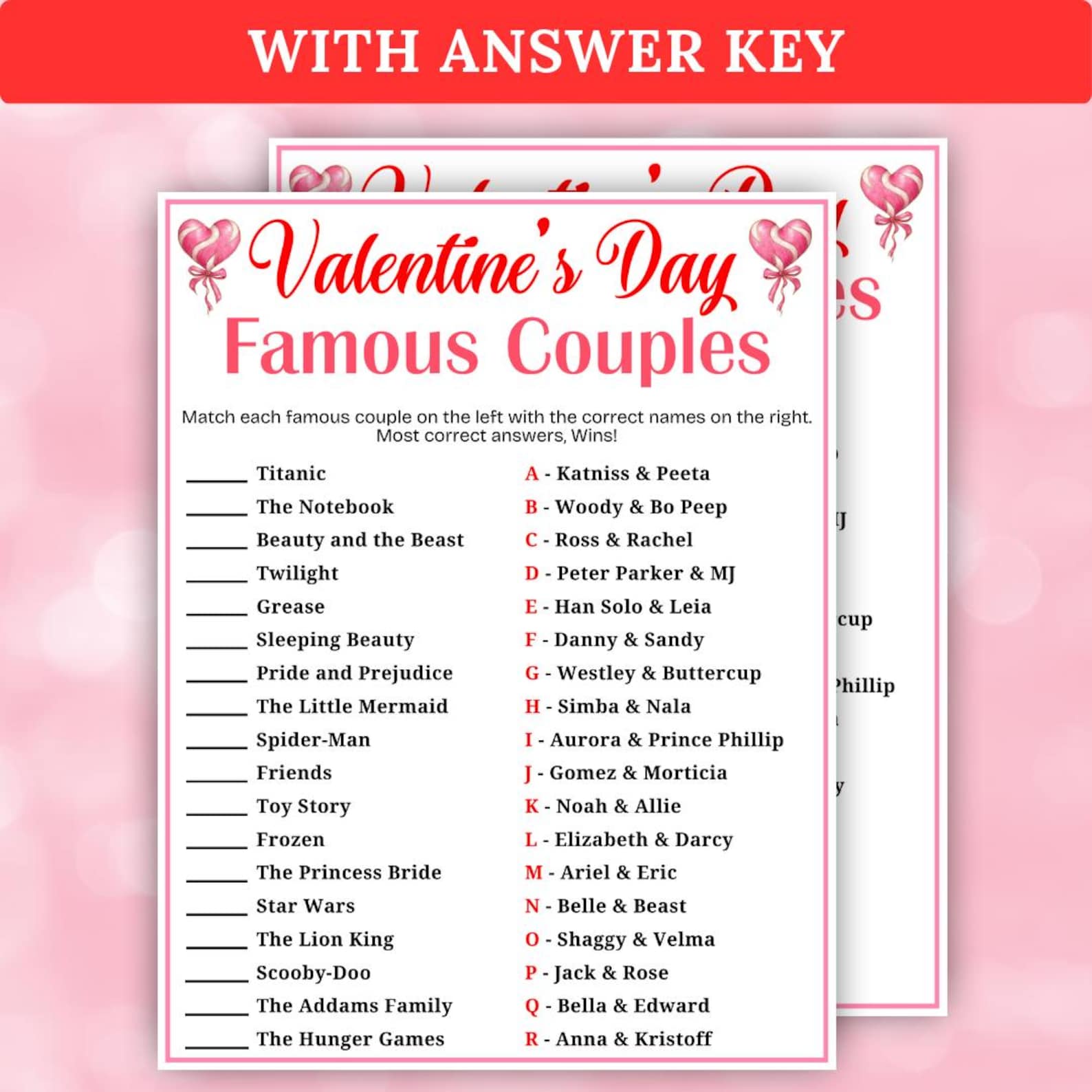 Match the Famous Couples Game, Valentine's Day Match-up Game, Holiday ...