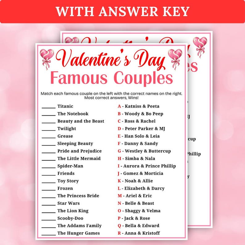 Match the Famous Couples Game, Valentine's Day Match-up Game, Holiday ...