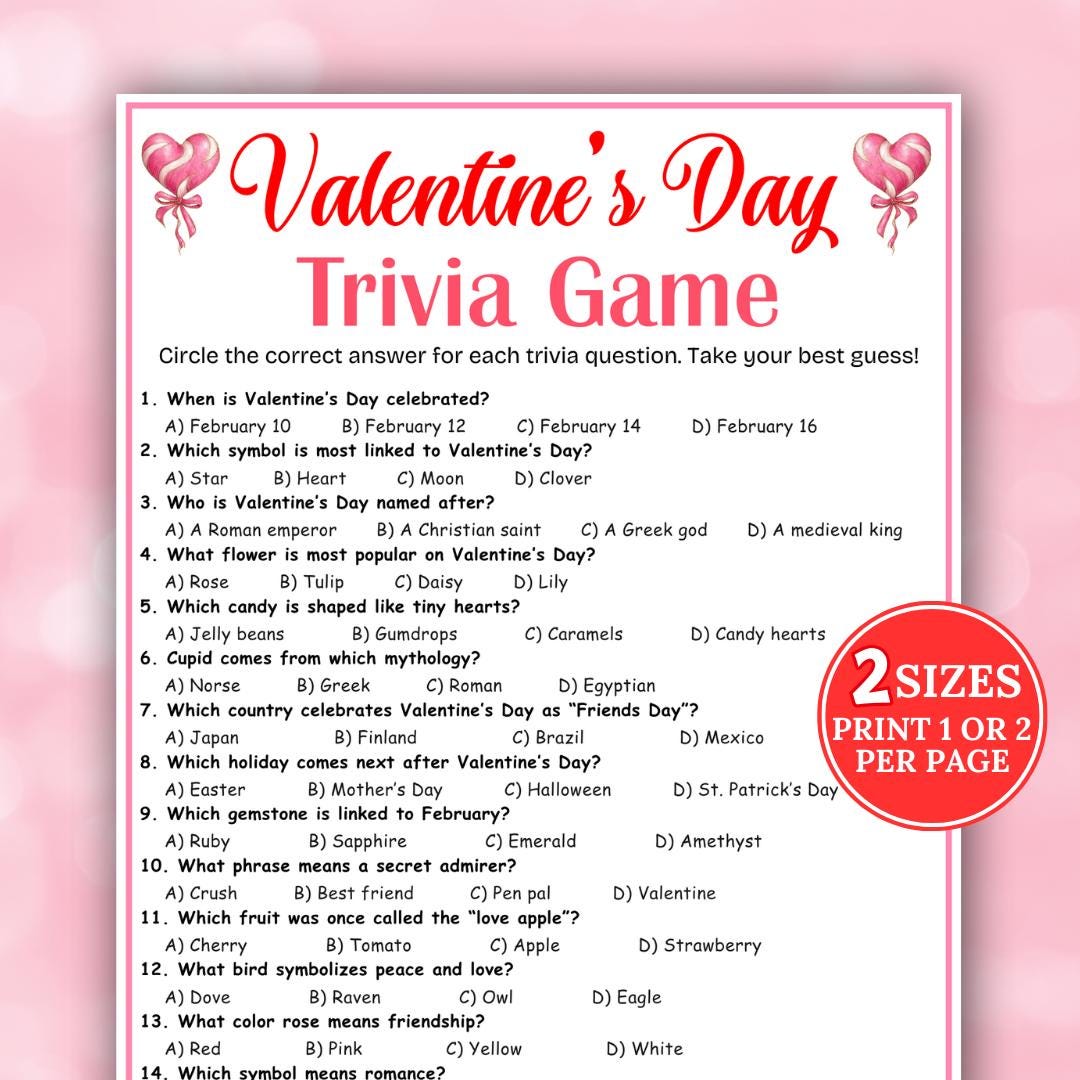 Valentine's Day Trivia Game, Printable Party Activity, Trivia Quiz ...
