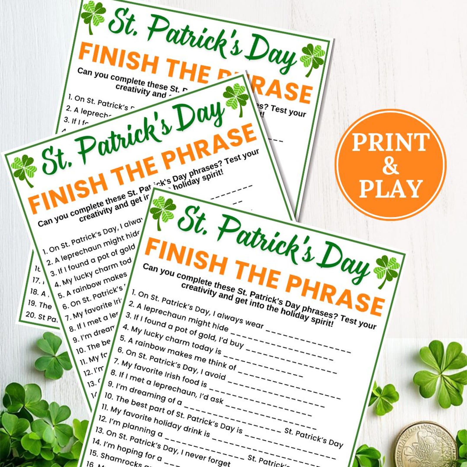 St Patrick's Day Finish the Phrase Game, Printable Party Game ...