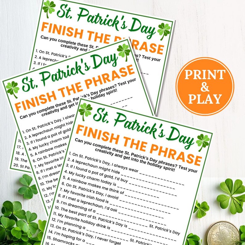 St Patrick's Day Finish the Phrase Game, Printable Party Game ...