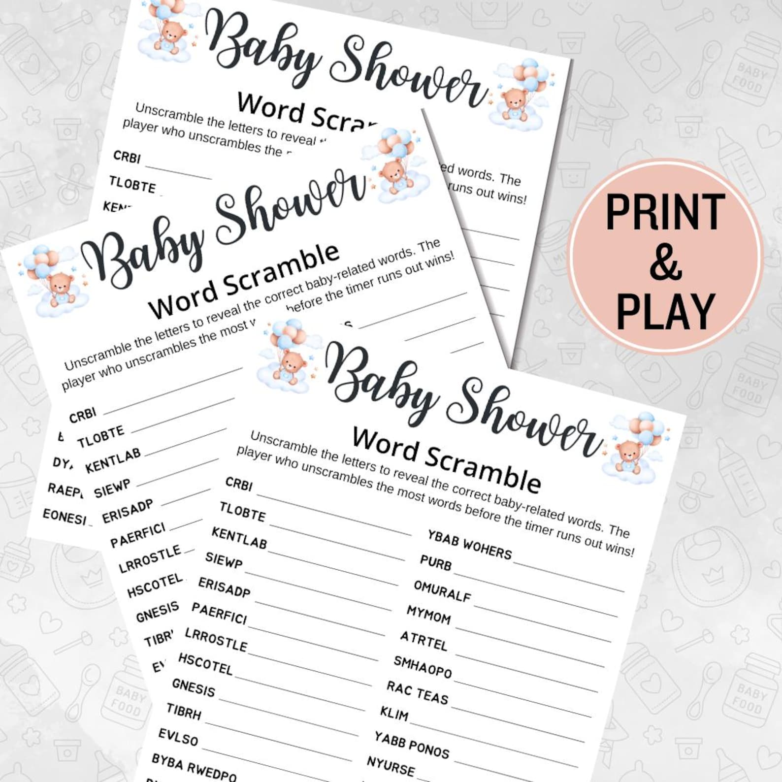 Baby Shower Word Scramble Game, Printable Baby Shower Games, Word ...