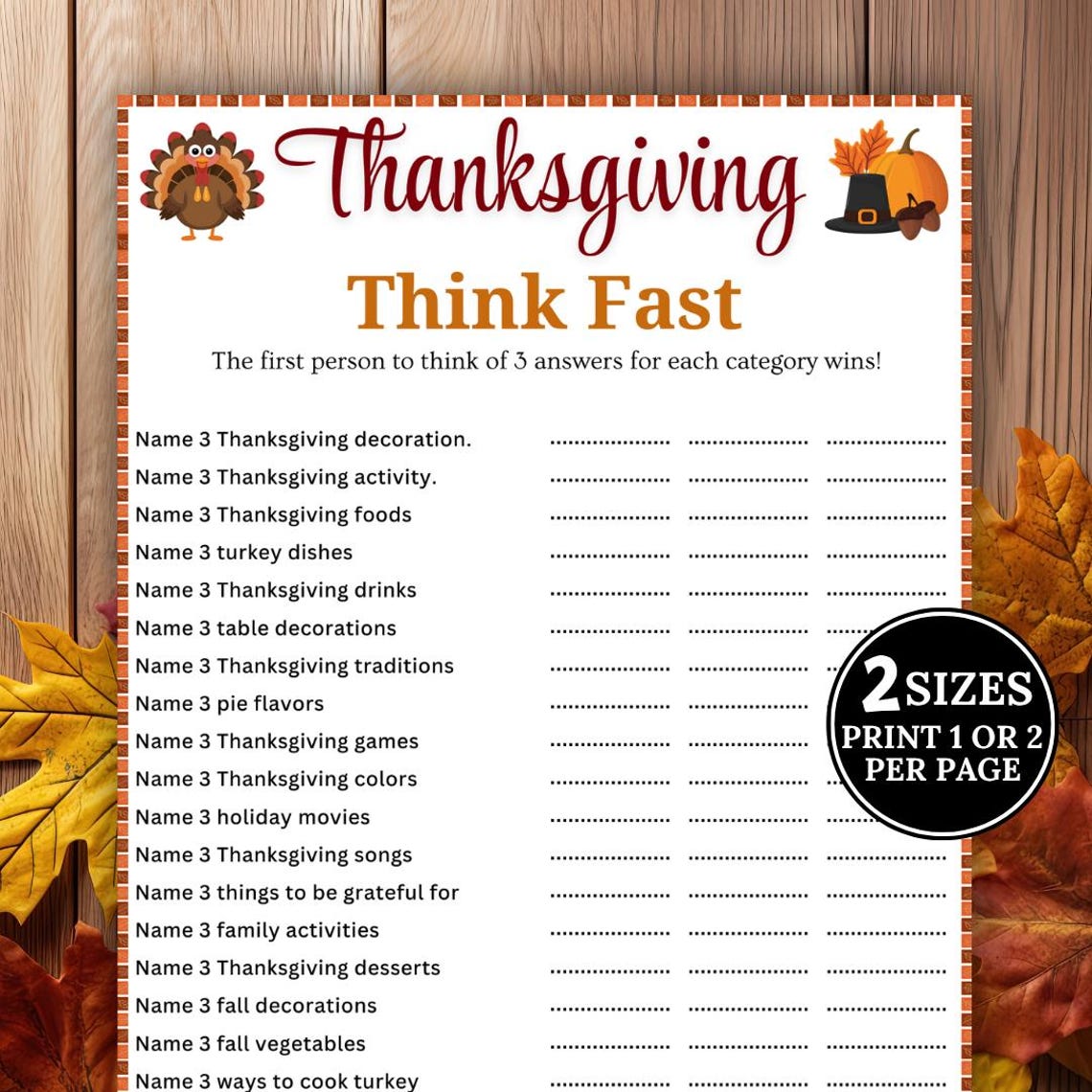 Thanksgiving Think Fast Game, Trivia Game, Thanksgiving Game, Think ...