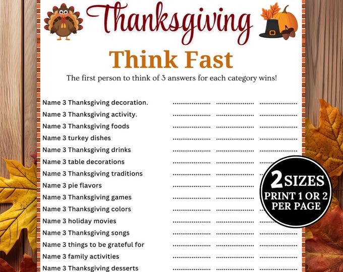 Thanksgiving Think Fast Game, Trivia Game, Thanksgiving Game, Think ...