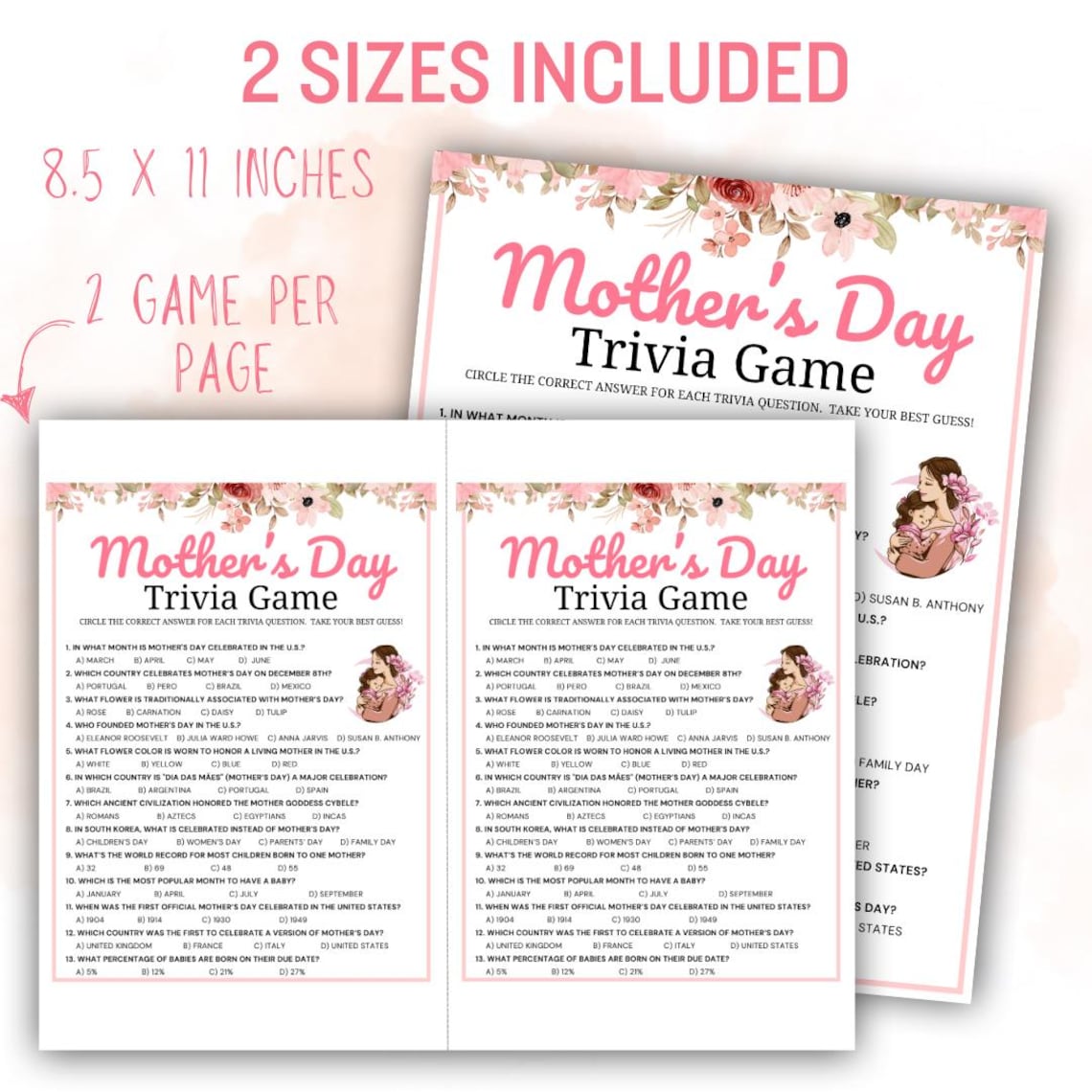 Mother's Day Trivia Game, Mother's Day Quiz Game, Mothers Day Party ...