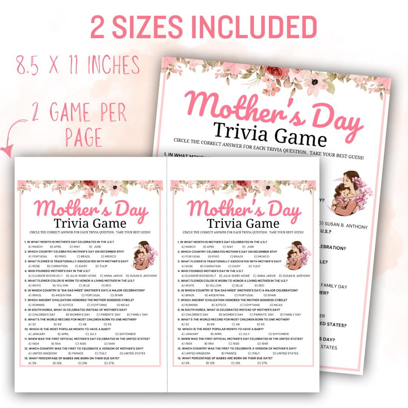 Mother's Day Trivia Game, Mother's Day Quiz Game, Mothers Day Party ...