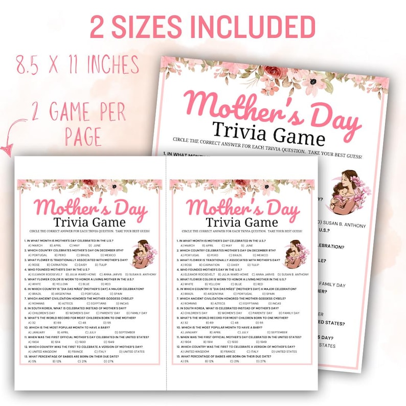 Mother's Day Trivia Game, Mother's Day Quiz Game, Mothers Day Party ...