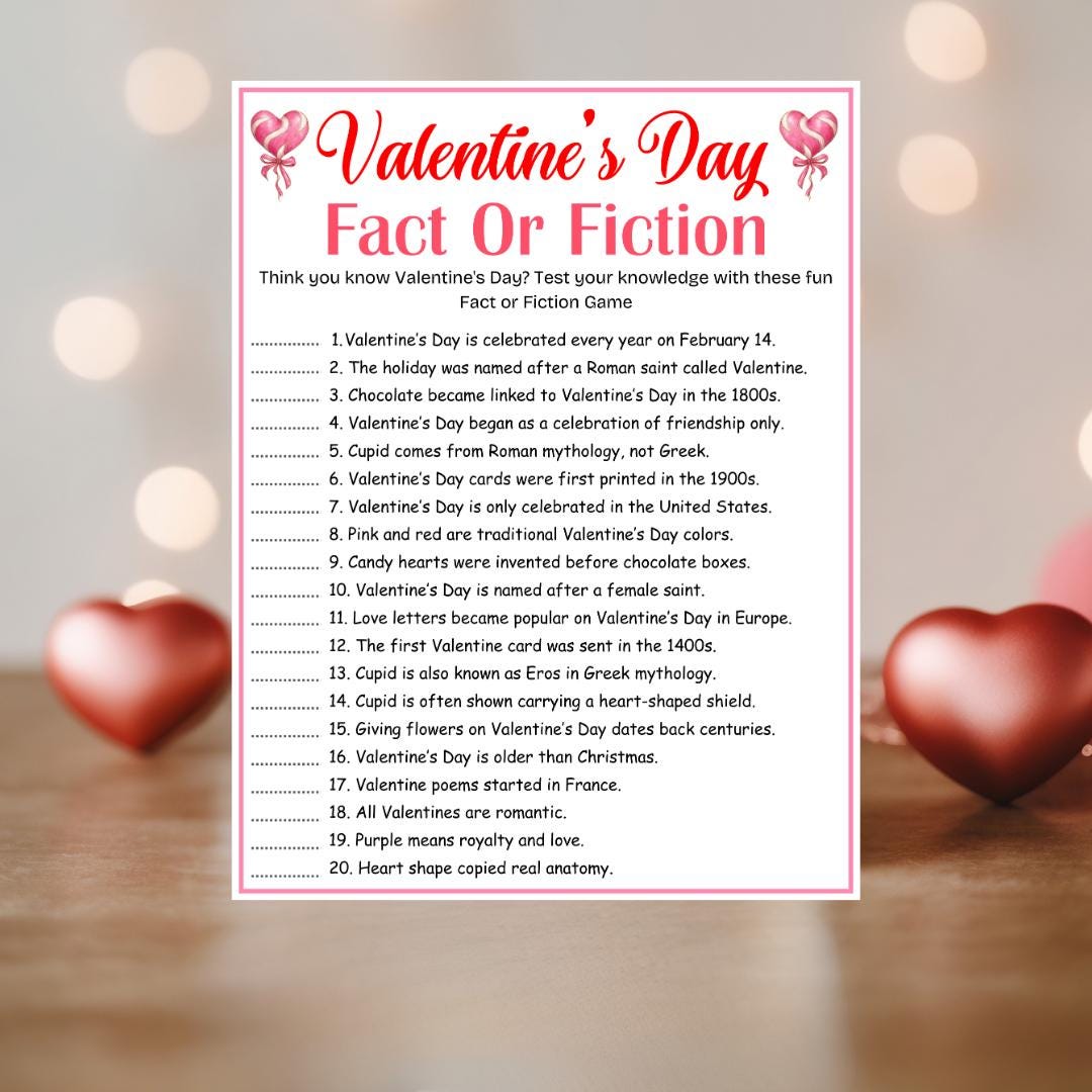 Valentine's Day Fact or Fiction Game, Valentines Party Game, True or ...