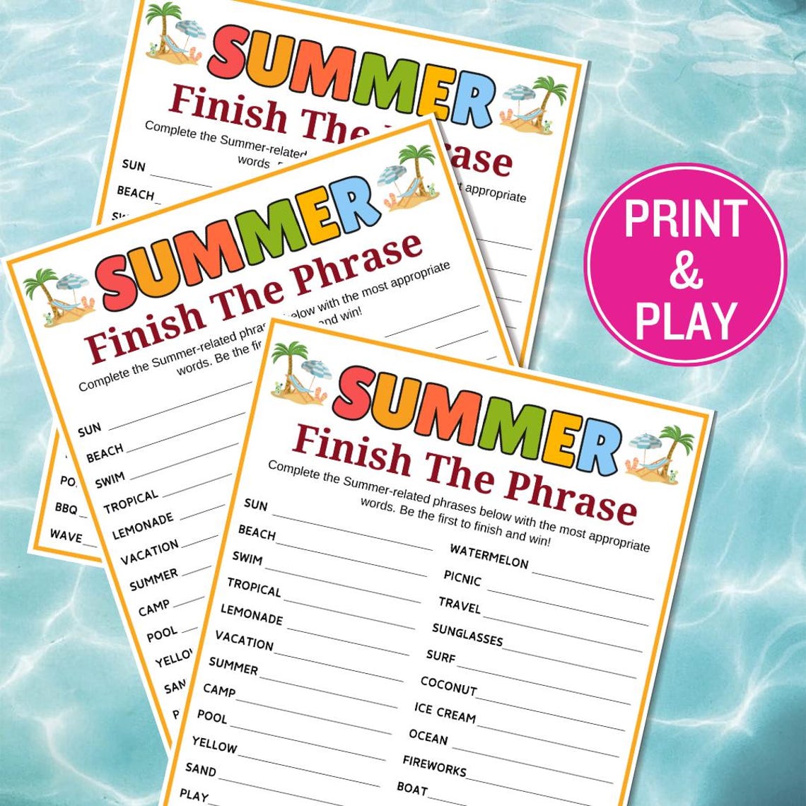 Sunmer Finish the Phrase Game, Summer Games, Summer Party Game ...