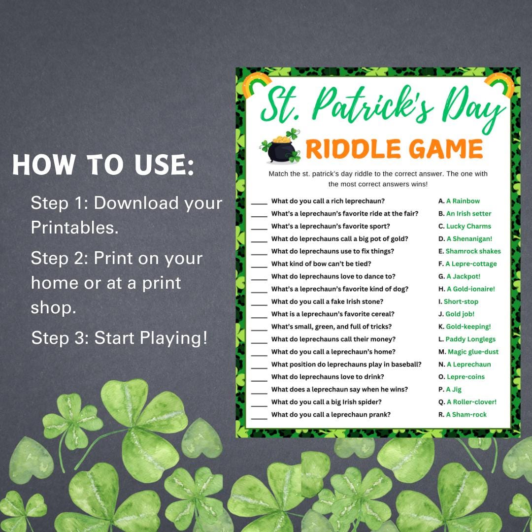 St. Patrick’s Day Riddle Game, Printable Saint Patricks Day Party Games ...