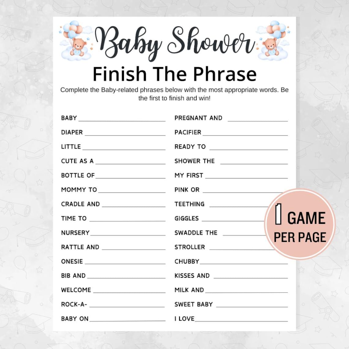 Baby Shower Finish the Phrase Game, Baby Shower Games, Printable Game ...