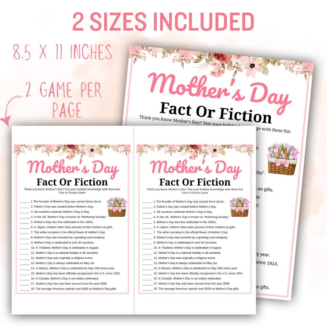 Mother's Day Trivia Game, Fact or Fiction Quiz, Mothers Day Games, Fun ...