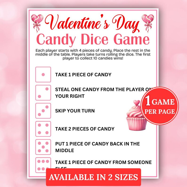 Valentine's Day Candy Dice Game, Valentine Party Game, Pass the Candy ...