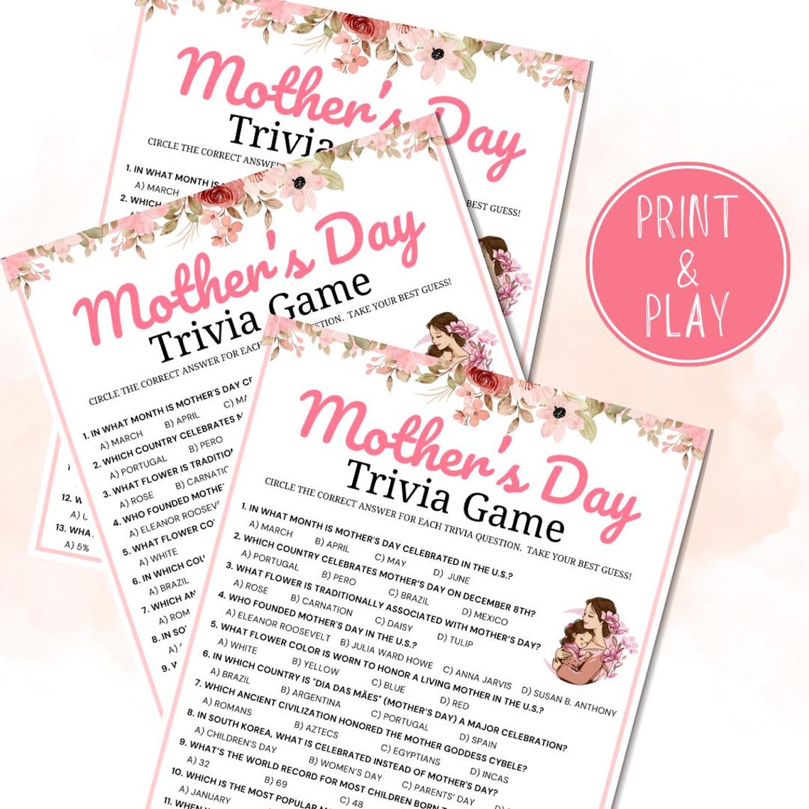 Mother's Day Trivia Game, Mother's Day Quiz Game, Mothers Day Party ...