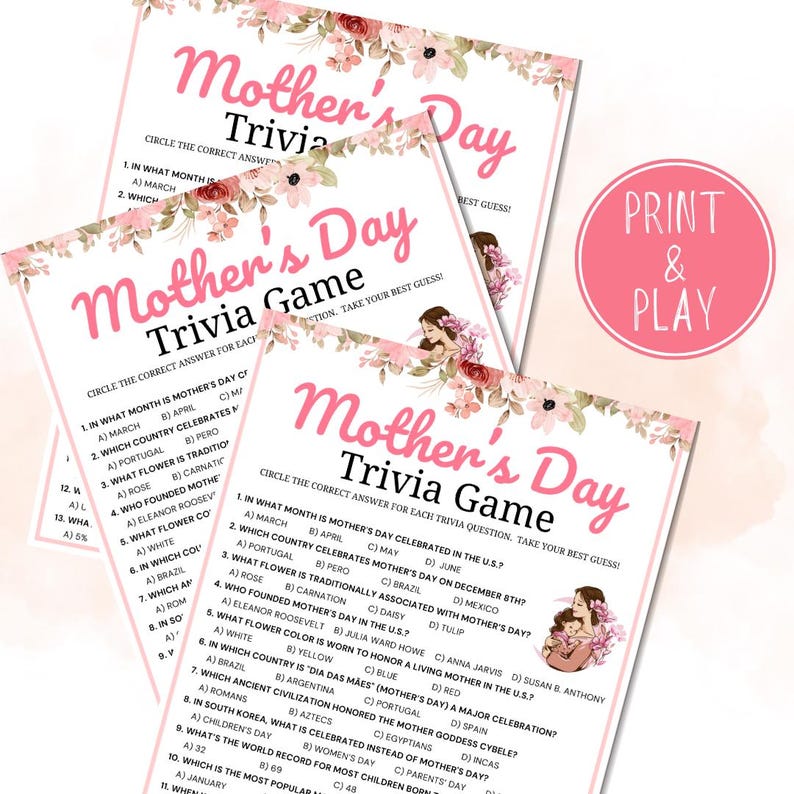Mother's Day Trivia Game, Mother's Day Quiz Game, Mothers Day Party ...