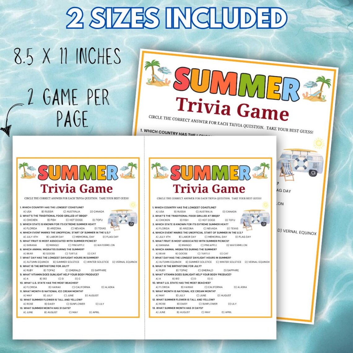 Summer Trivia Game, Summer Quiz Game, Printable Summer Activity Games ...