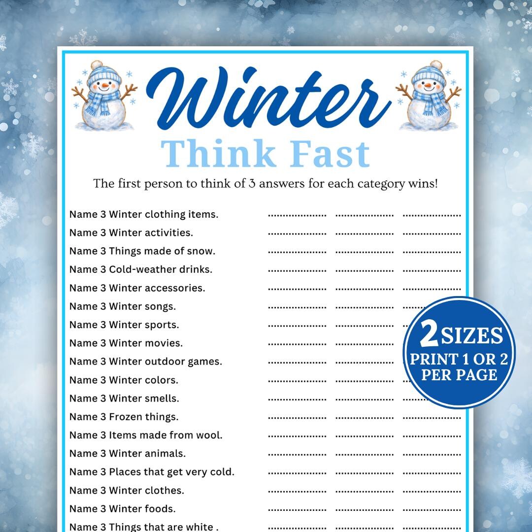 Winter Think Fast Game, Think Quick Game, Trivia Game for Kids & Adults ...