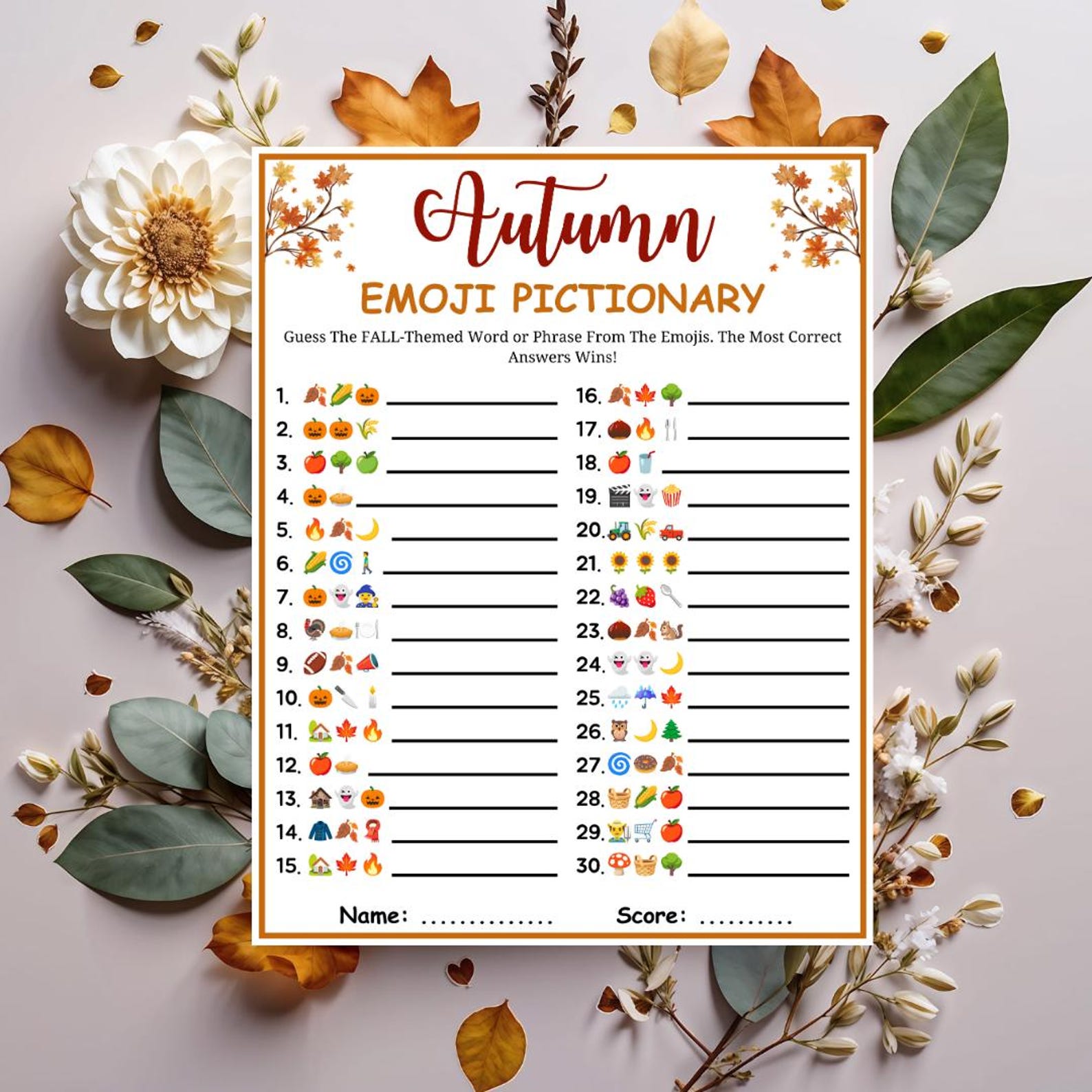 Autumn Emoji Pictionary Game, Printable Fall Emoji Quiz, Emoji Guessing ...