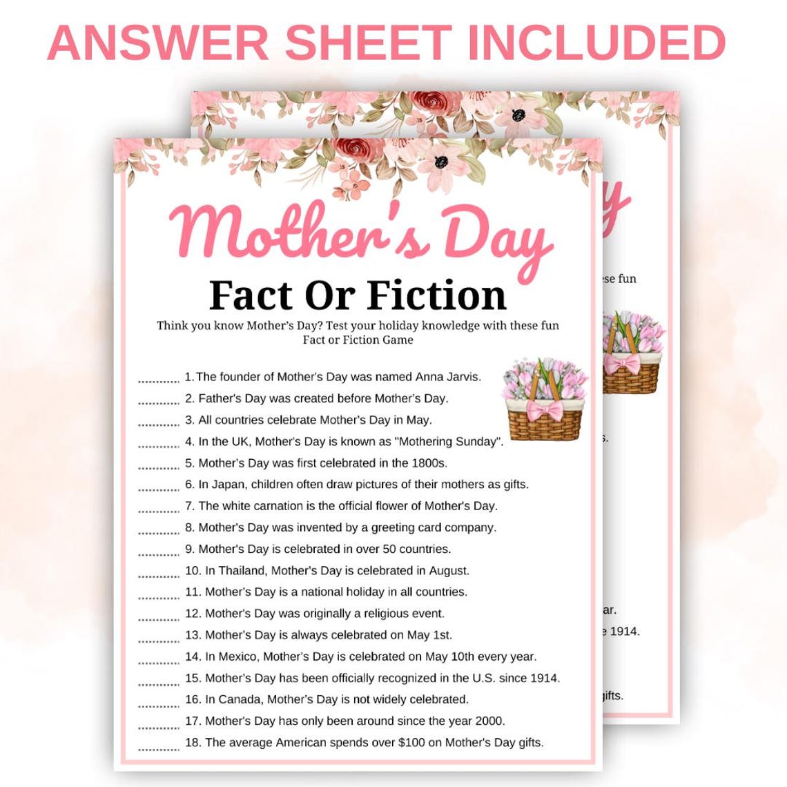 Mother's Day Trivia Game, Fact or Fiction Quiz, Mothers Day Games, Fun ...