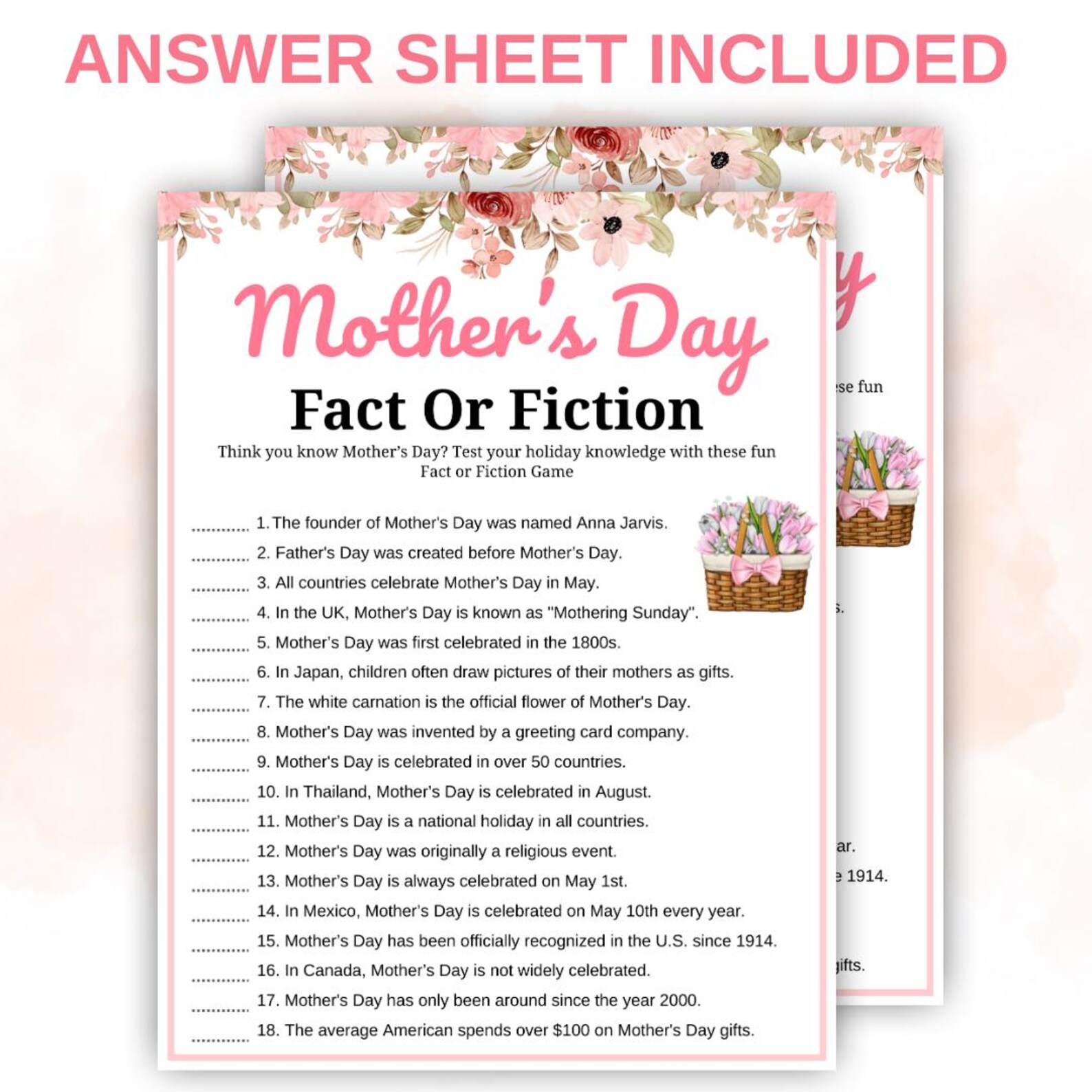 Mother's Day Trivia Game, Fact or Fiction Quiz, Mothers Day Games, Fun ...