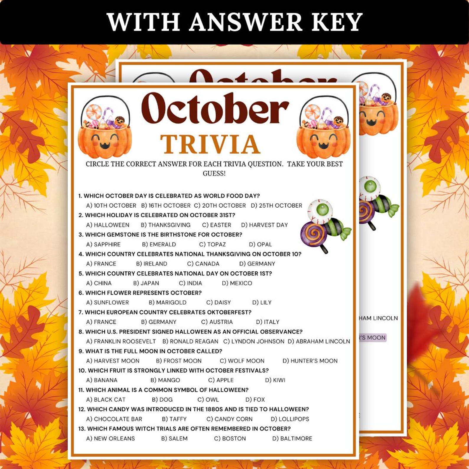 October Trivia Game, Printable October Quiz, Fall Games, Fall Party ...