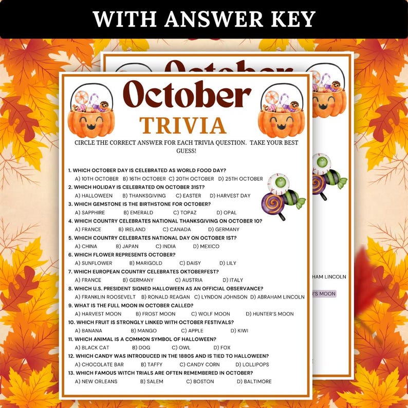 October Trivia Game, Printable October Quiz, Fall Games, Fall Party ...