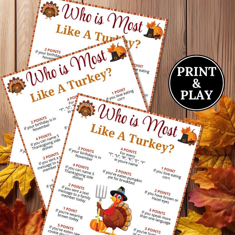 Who is Most Like a Turkey Game, Thanksgiving Game, Thanksgiving ...