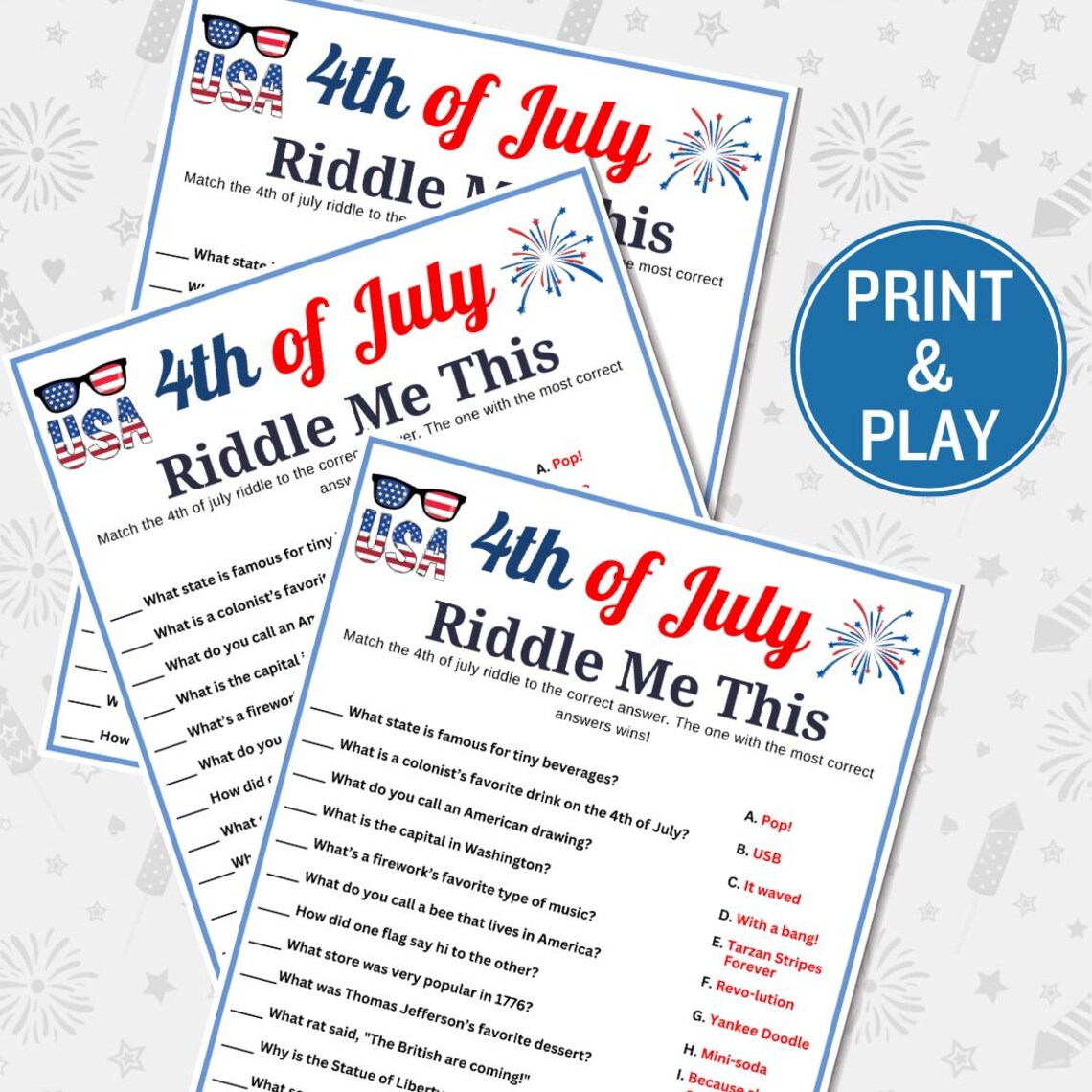 4th of July Riddle Game, Printable 4th of July Party Games, Patriotic ...