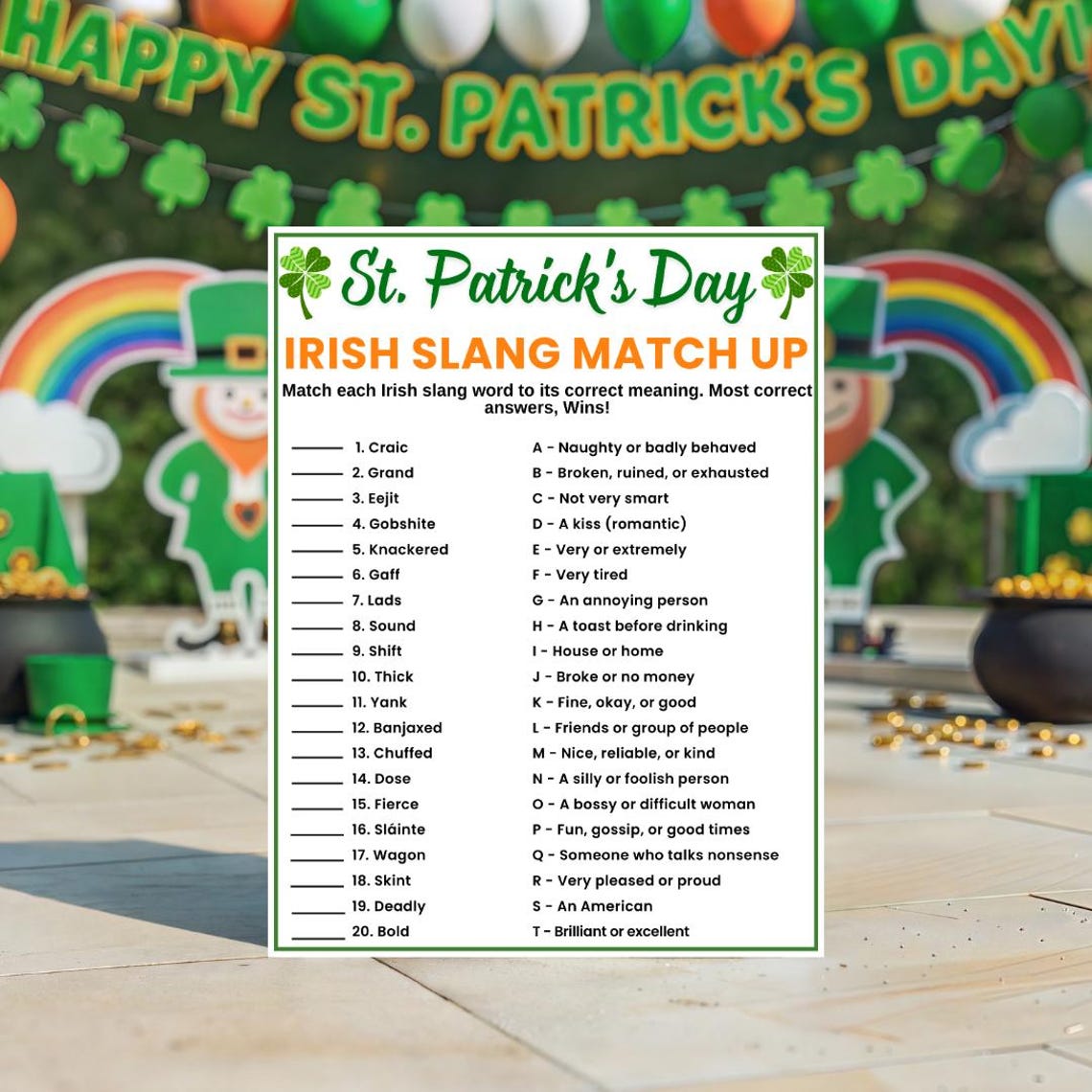 St Patricks Day Irish Slang Match up Game, Office Party Icebreaker, St ...