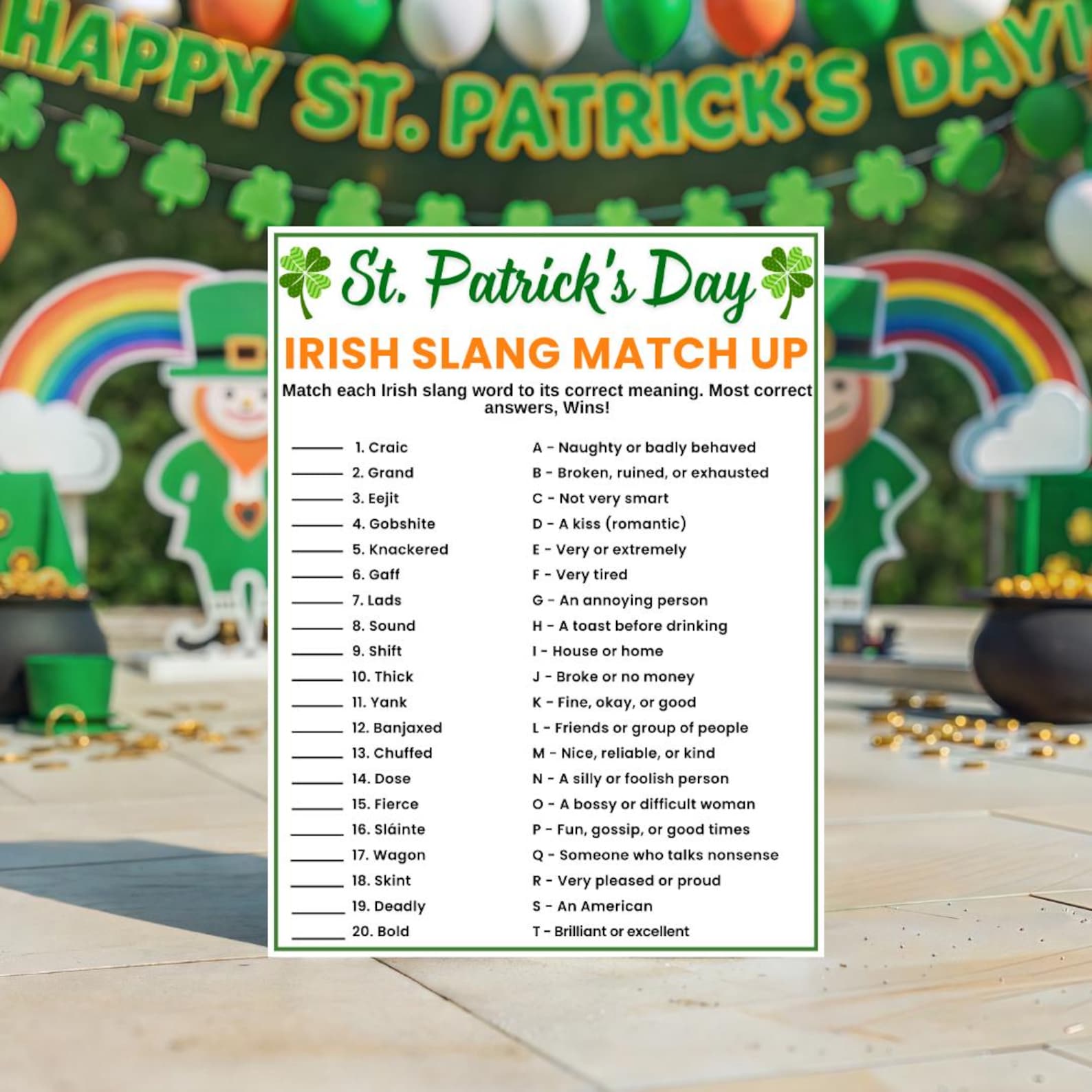 St Patricks Day Irish Slang Match up Game, Office Party Icebreaker, St ...