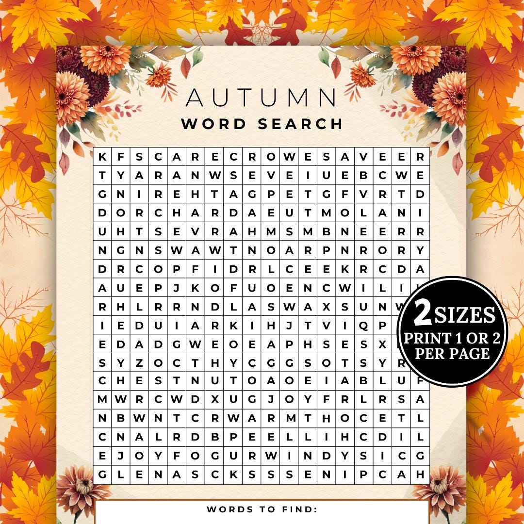 Autumn Word Search Game, Printable Autumn Games, Fall Activity for Kids ...