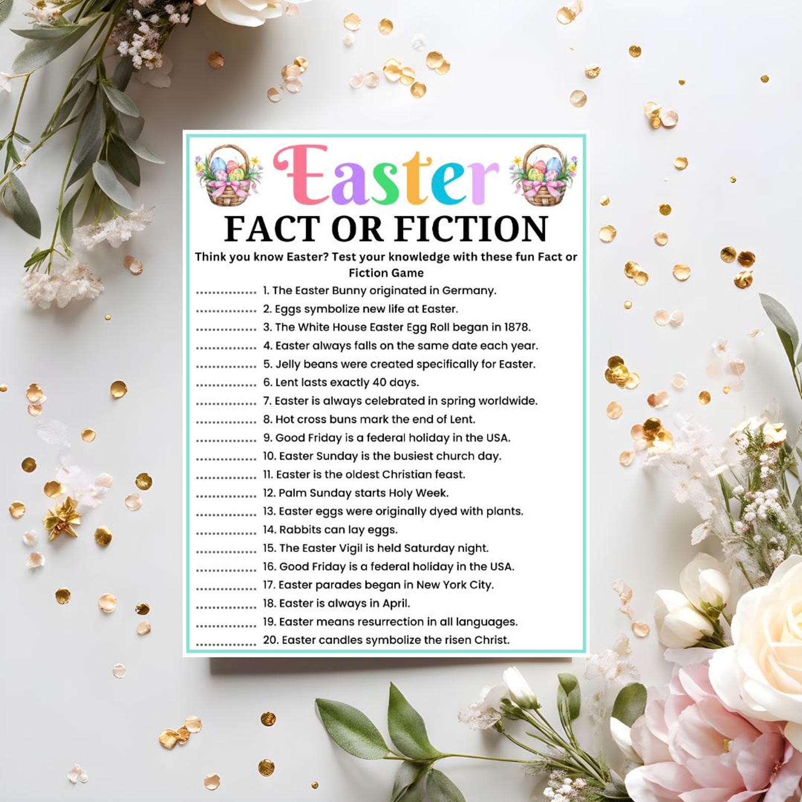 Easter Fact or Fiction Game, Easter Party Game, True or False Game ...