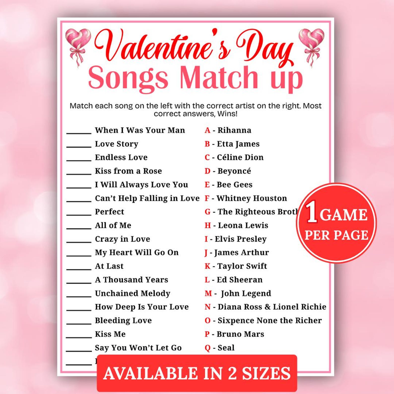 Valentine's Day Love Song Match-up, Valentines Match Game, Valentines ...