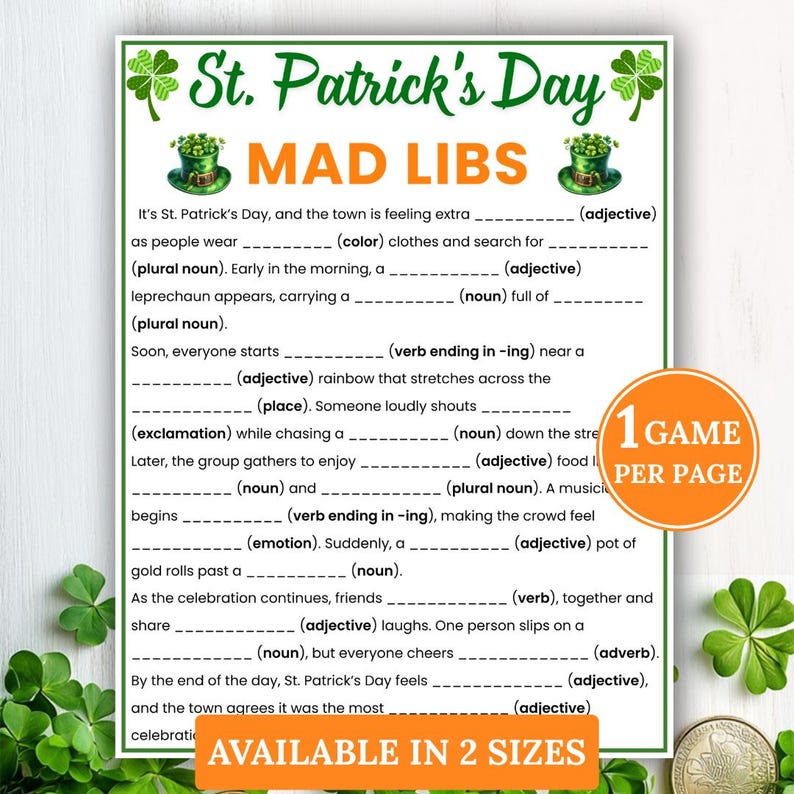 St Patricks Day Mad Libs, St Paddys Games, Irish Party Game, St ...